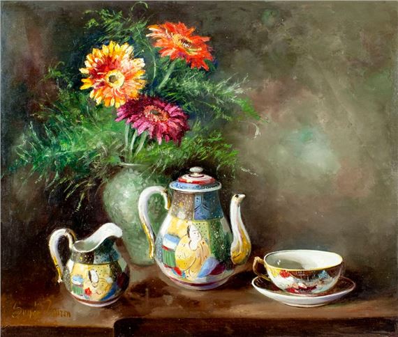 Zsuzsanna Suger Still Life With Tea Set And Vase Of Flowers Mutualart