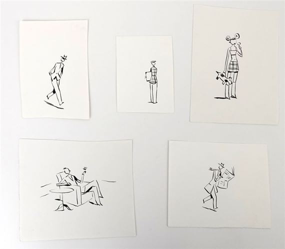 François Avril | Set of five illustrations, scenes of Parisian life ...