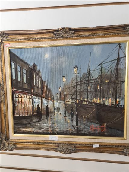 Christopher | Christopher Berg Dee oil of boats beside figures and ...