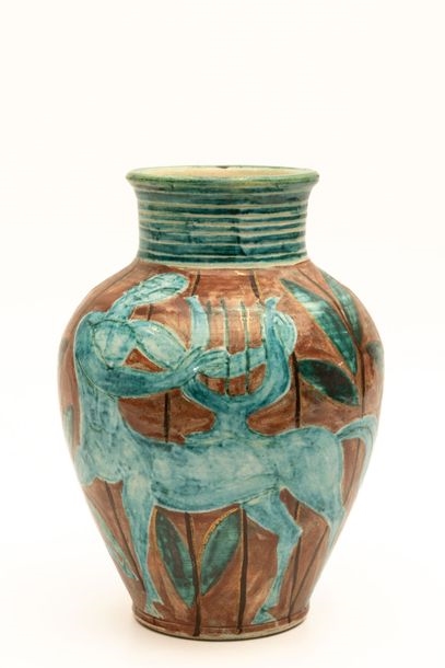 Edouard Cazaux | Vase ovoïde en céramique et émaux polychromes à décor ...
