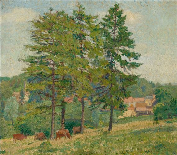 Spencer Frederick Gore | Landscape with cattle in a field and a village ...