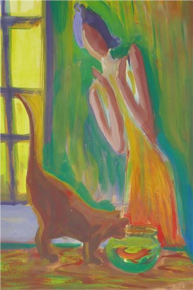 Jean Rees | interior scene with a figure and cat by a fishbowl | MutualArt