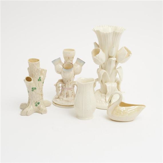 Belleek | FIVE BELLEEK VASES INCLUDING TWO BEARING THE BLACK MARK (A/F ...