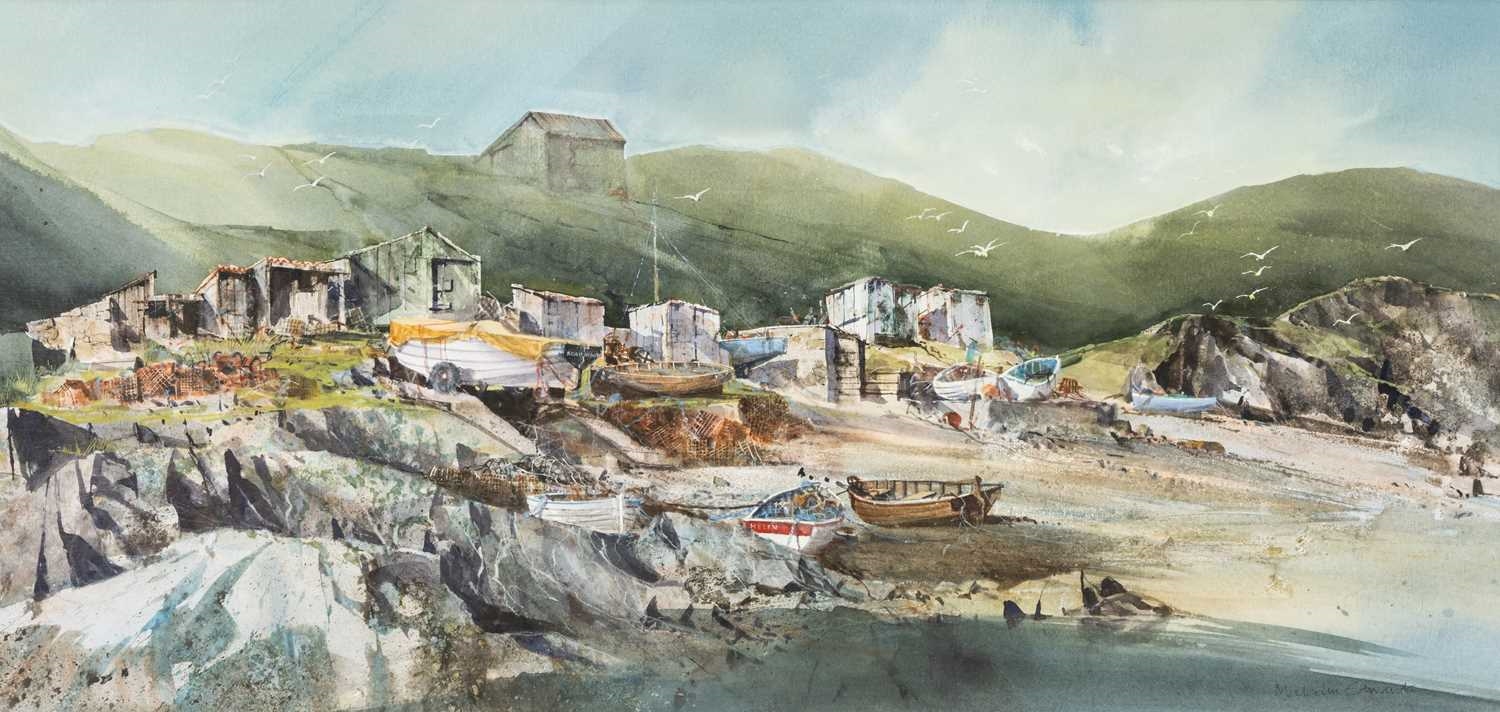 Malcolm Edwards | harbour scene with fishing huts and boats | MutualArt