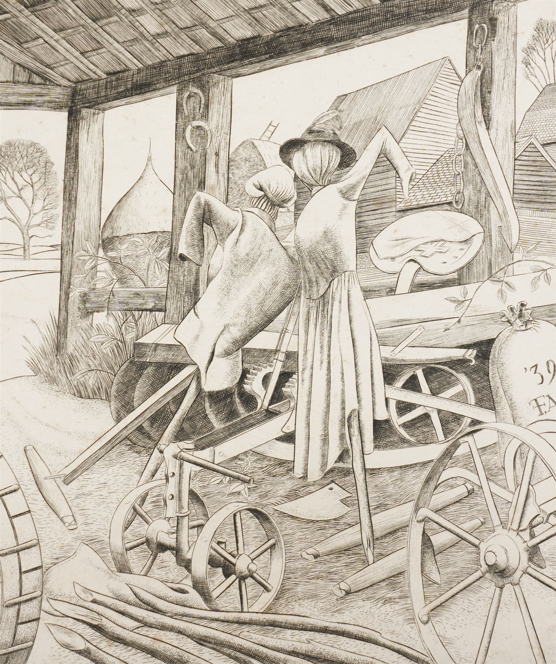 Frederick George Austin | Scarecrows and Plough in a Farmer's Barn ...