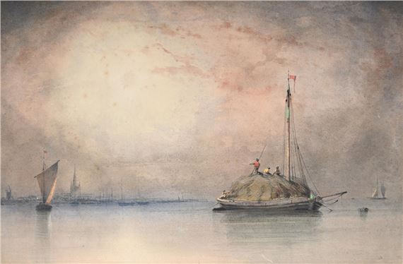 William Roxby Beverley | A HAY BARGE IN A RIVER LANDSCAPE | Compare ...