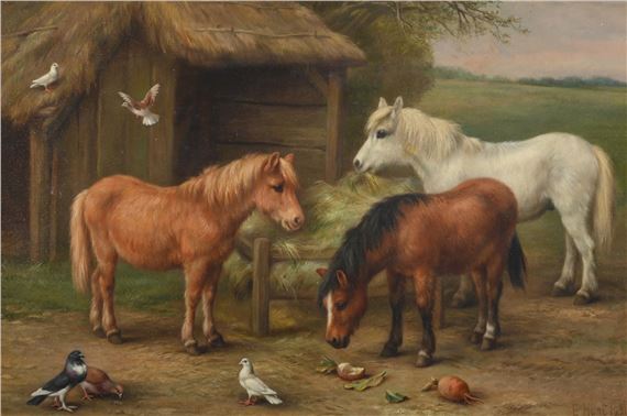 Edgar Hunt | PONIES AND PIGEONS BY A STALL (1831) | MutualArt
