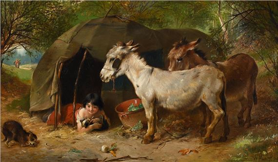 Walter Hunt | A GYPSY GIRL WITH DONKIES AND A PUPPY | MutualArt