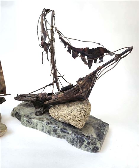 Jim Lewk | a copper model of a ship wrecked on a rock | MutualArt