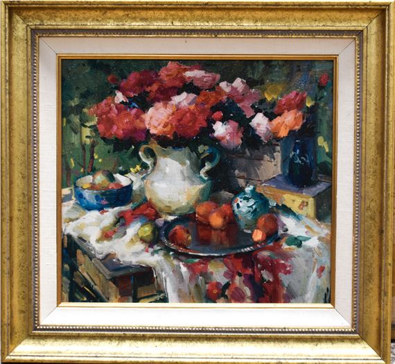 Prior | A 20th century oil on canvas depicting table with pink flowers in a white vase (20th ...