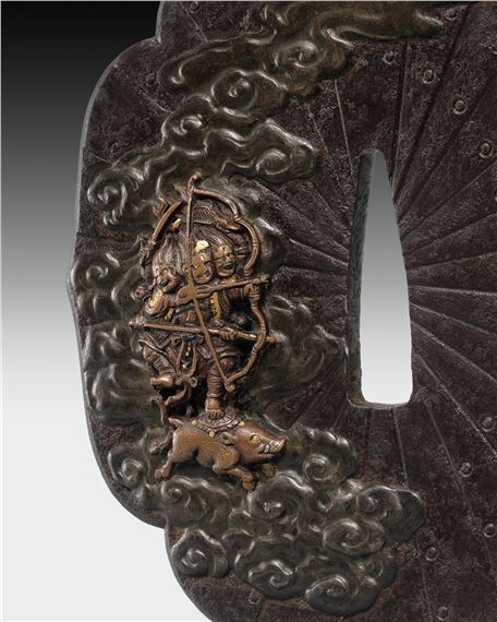 Hamano Shozui | A RARE HAMANO SCHOOL IRON TSUBA WITH MARISHI-TEN RIDING ...