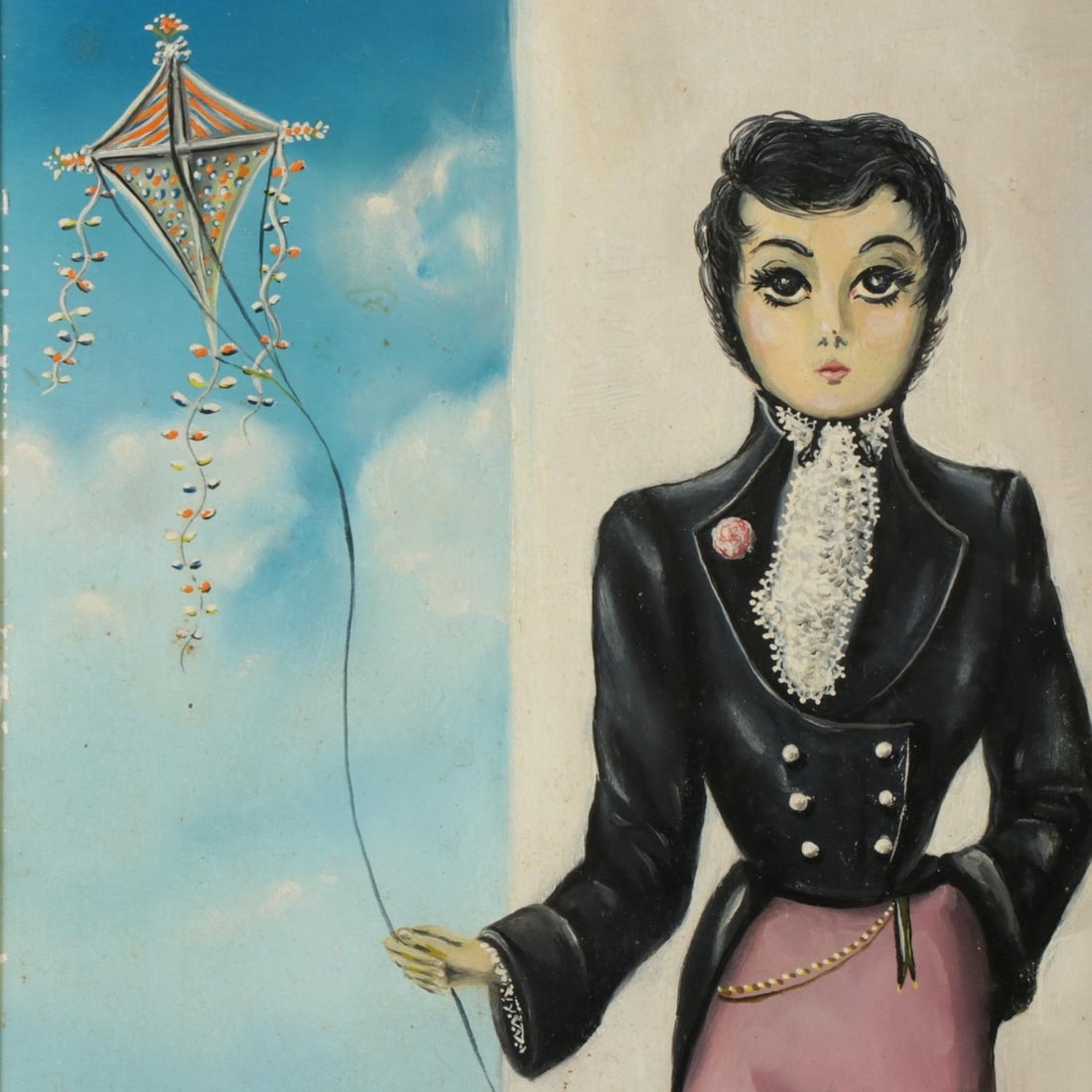 Prior | Folk Style Oil Painting of Man Holding Kite (Late 20th Century ...