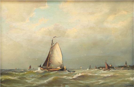 Jan van der Linde | Zeilschepen op zee met stad op achtergrond | MutualArt