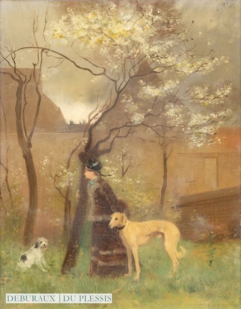 Ernest Ange Duez | Woman and dogs in a garden | MutualArt
