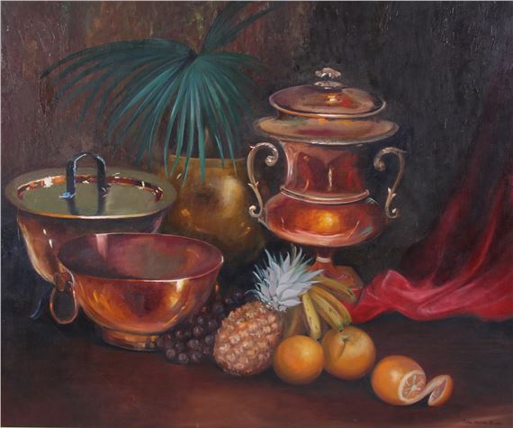 Celia Walsh-Diehl | STILL LIFE WITH COPPER AND FRUIT WITH A PALM LEAF ...