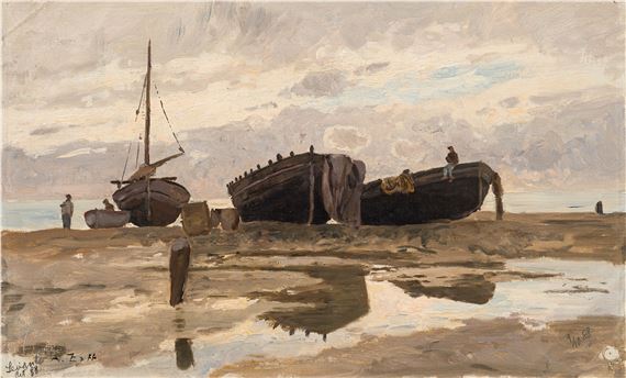 Alfred Zoff | Boats on the beach at Levanto (1888) | MutualArt