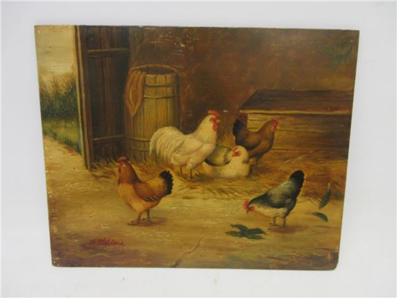 Edgar Hunt | Chickens and hens in a barn interior | MutualArt