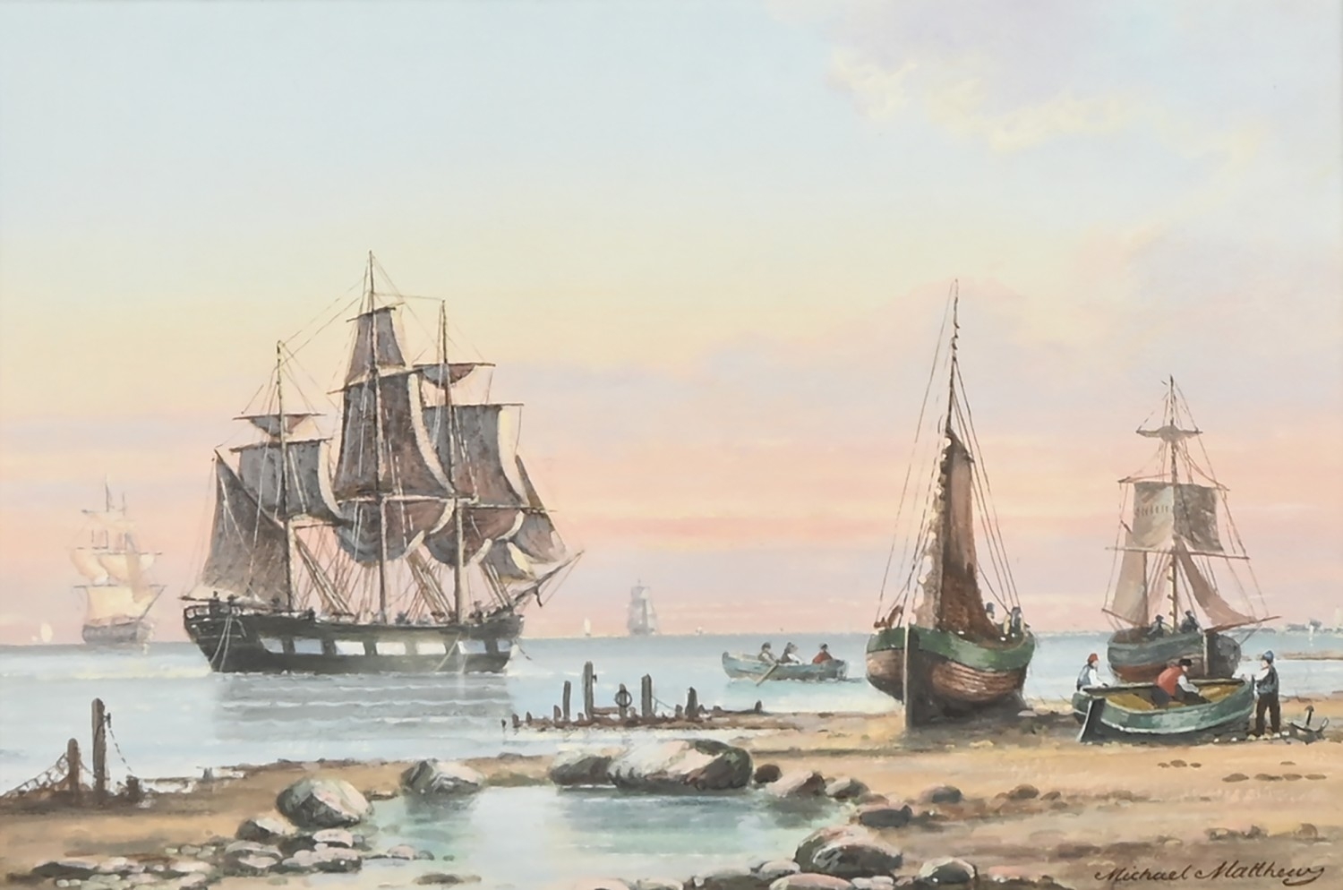 Michael Matthews | Coastal Scene with a Man o' War | MutualArt