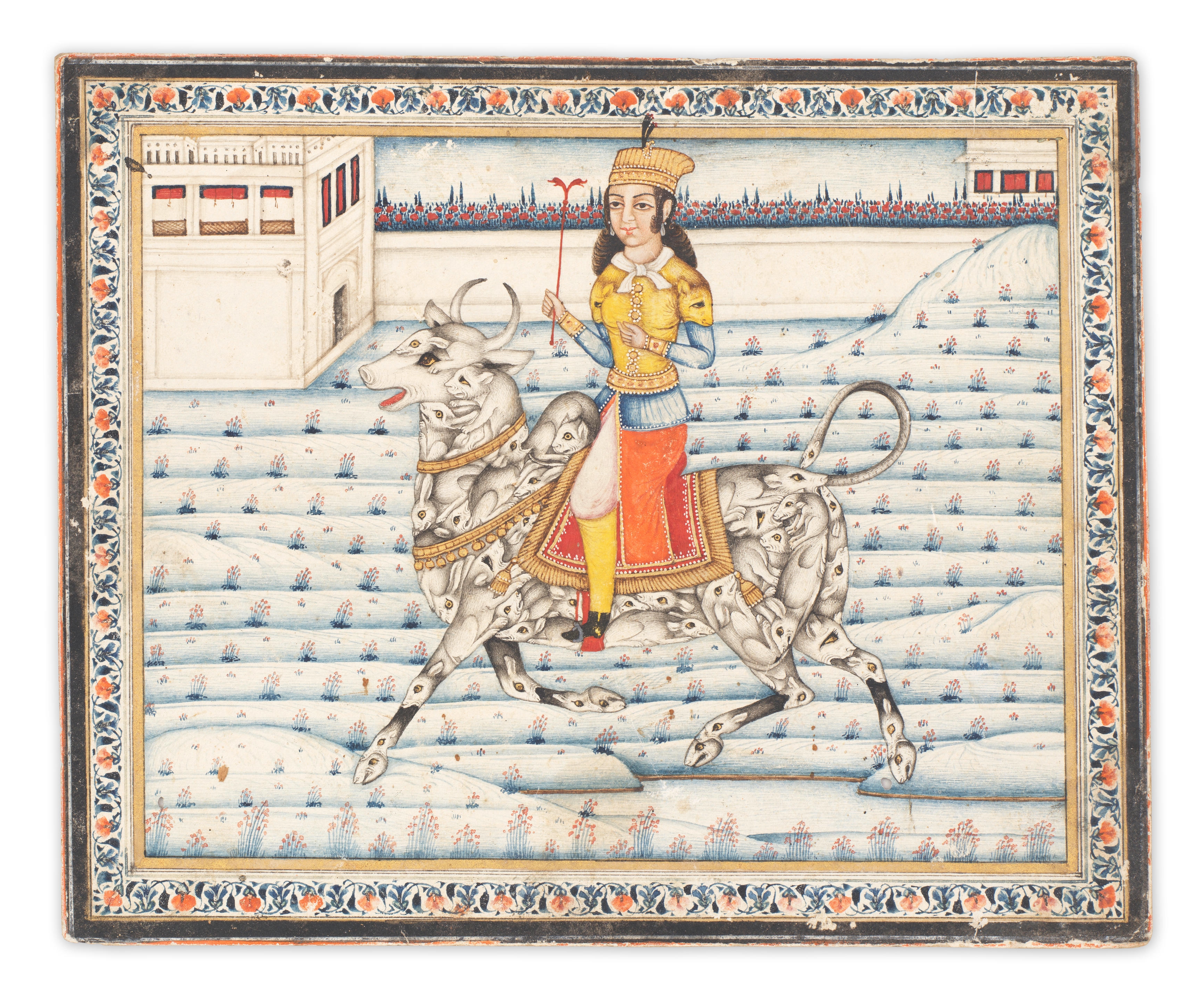 Persian School, 19th Century | A prince riding a composite cow outside ...