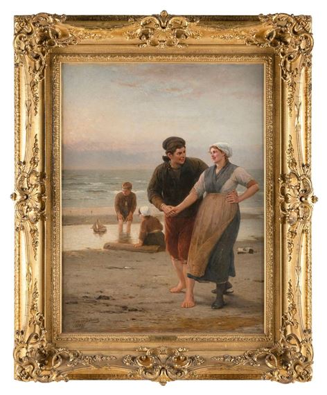 Henri Bource | Beach scene with a couple holding hands as they walk ...