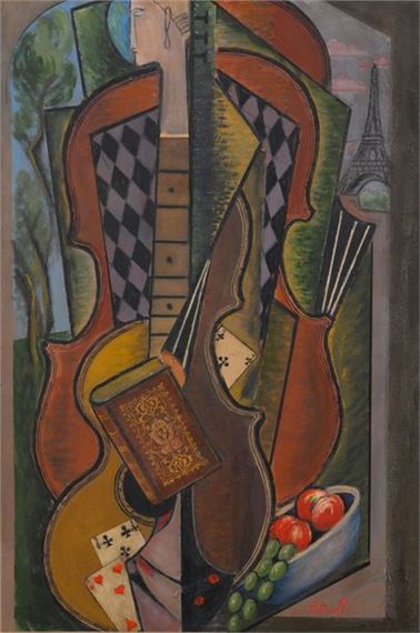 Constantin Petroff | Cubist composition with musical instruments on a ...