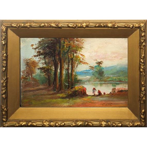 Vincenzo Udine | Lake landscape with characters and trees | MutualArt