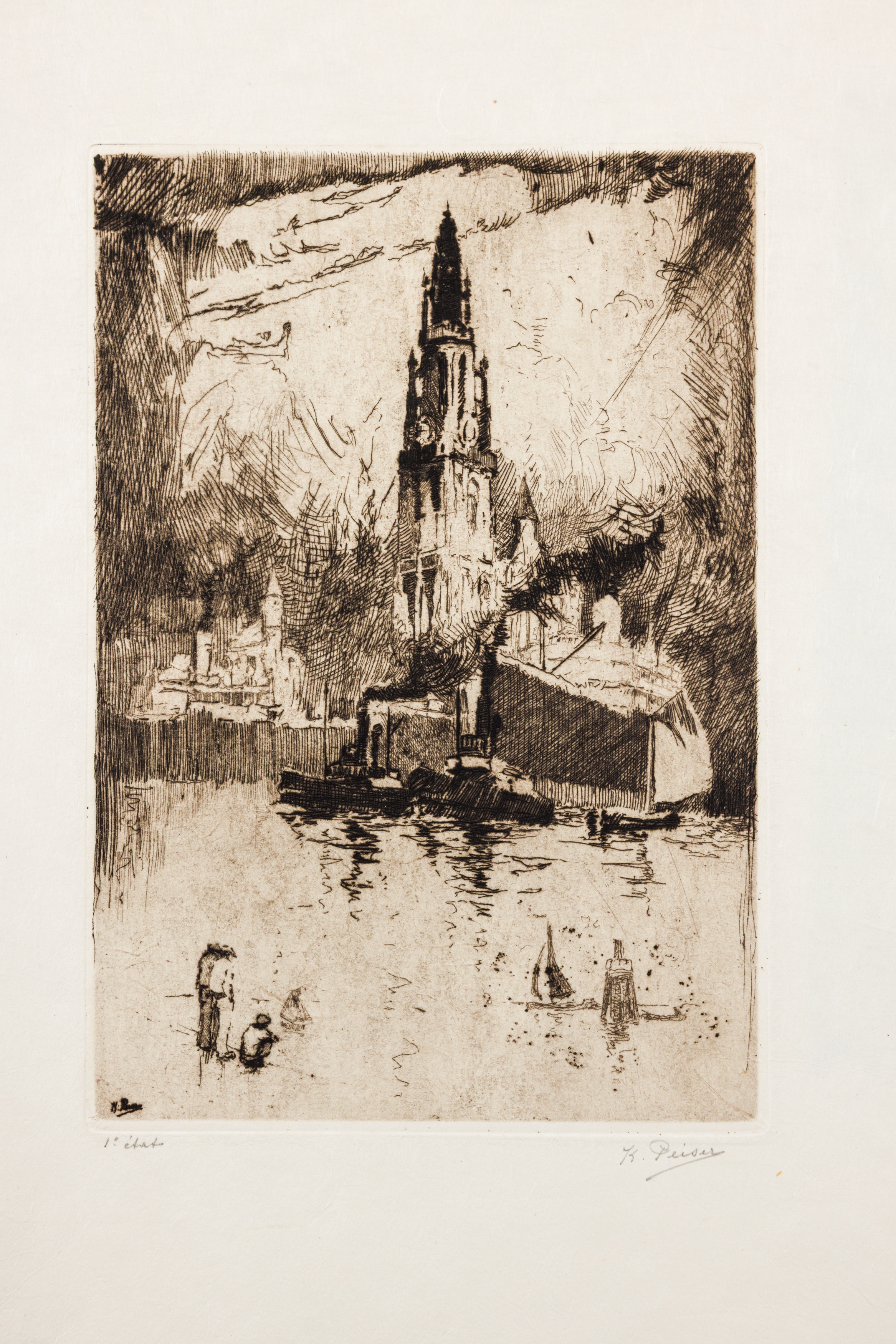 Kurt Peiser | View of the Antwerp cathedral with ships on the Scheldt ...
