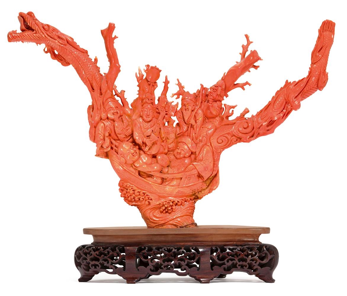 Chinese School, 20th Century | Red coral carving of the Seven Lucky ...