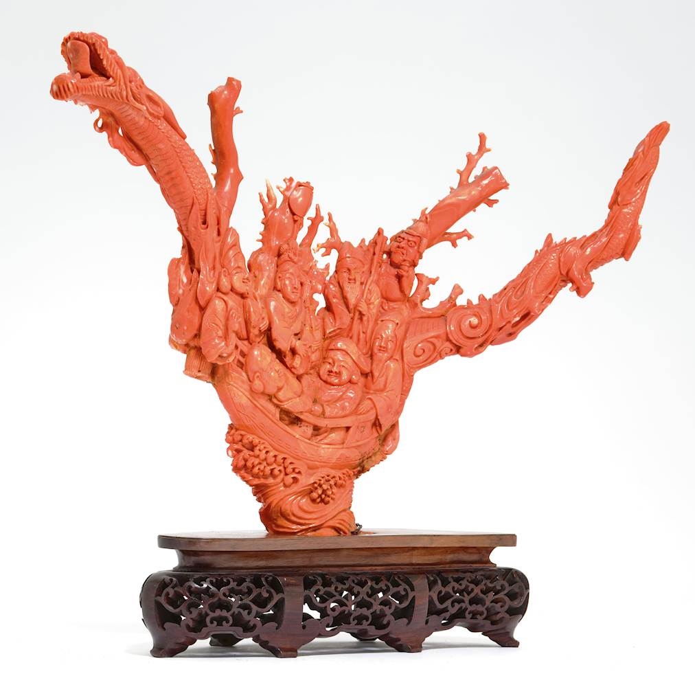 Chinese School, 20th Century | Red coral carving of the Seven Lucky ...