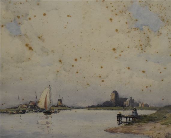 John Ernest Aitken | Dutch waterway with boats | MutualArt