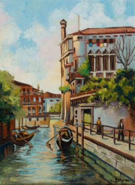 Carlo Sdoya | Canal Scene with Boats | MutualArt