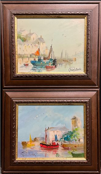 Terry Burke | Rowing the Harbour & Away to the Catch, signed, oils on ...