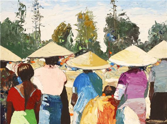 Mario Berrino | Impressionist Crowd of Figures in Conical Hats | MutualArt