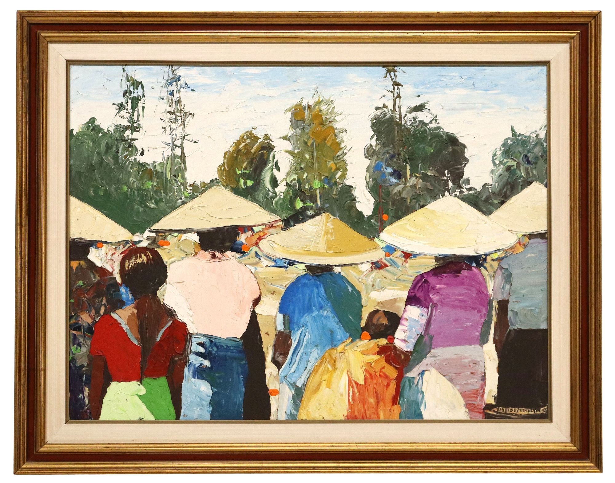 Mario Berrino | Impressionist Crowd of Figures in Conical Hats | MutualArt