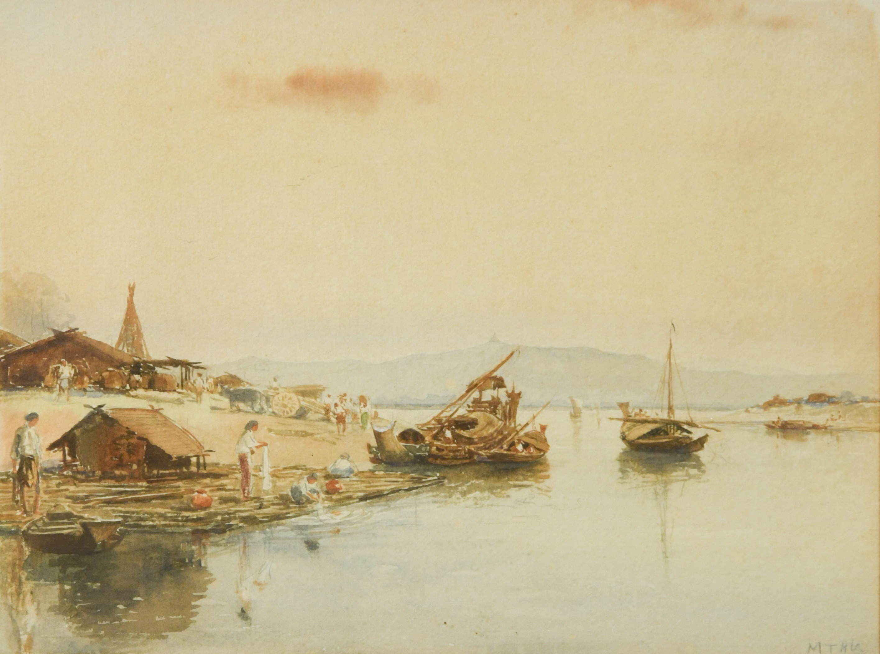 Mg Tun Hla | A river scene with boats, cart and huts, a temple on a mountain top beyond | MutualArt