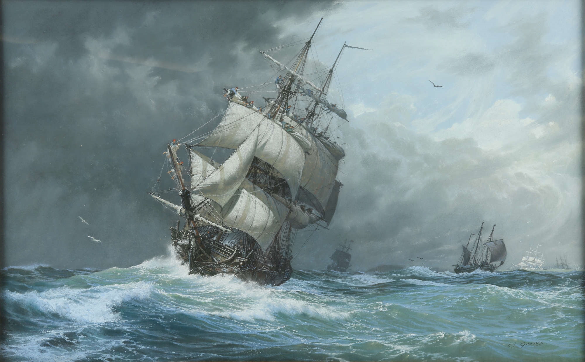 John Michael Groves | ships under sail in a heavy swell | MutualArt