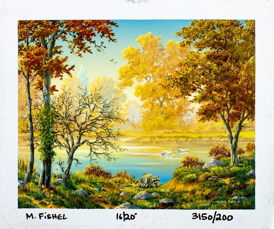 Michael Fishel | Autumn River Landscape with Swans (1982) | MutualArt