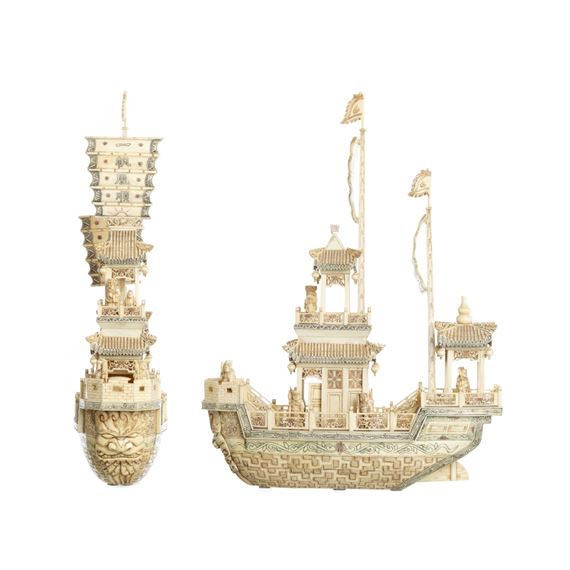 Minguo | Large Chinese carved oxbone Junk | MutualArt