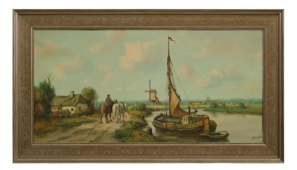 Anton Muller | Canal Scene with Village Road | MutualArt