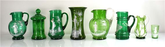 Mary Gregory | Eight items of green Mary Gregory style glassware ...