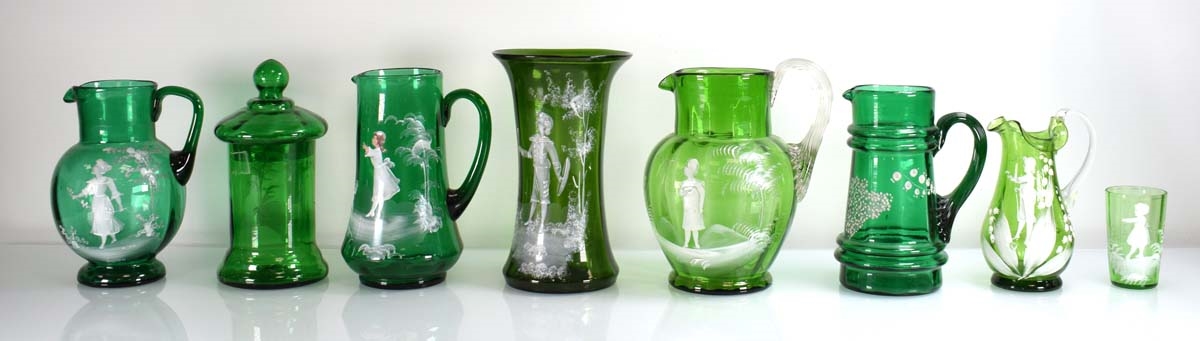 Mary Gregory | Eight items of green Mary Gregory style glassware ...