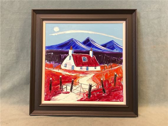 John Damari | moonlit cottage with distant mountains | MutualArt
