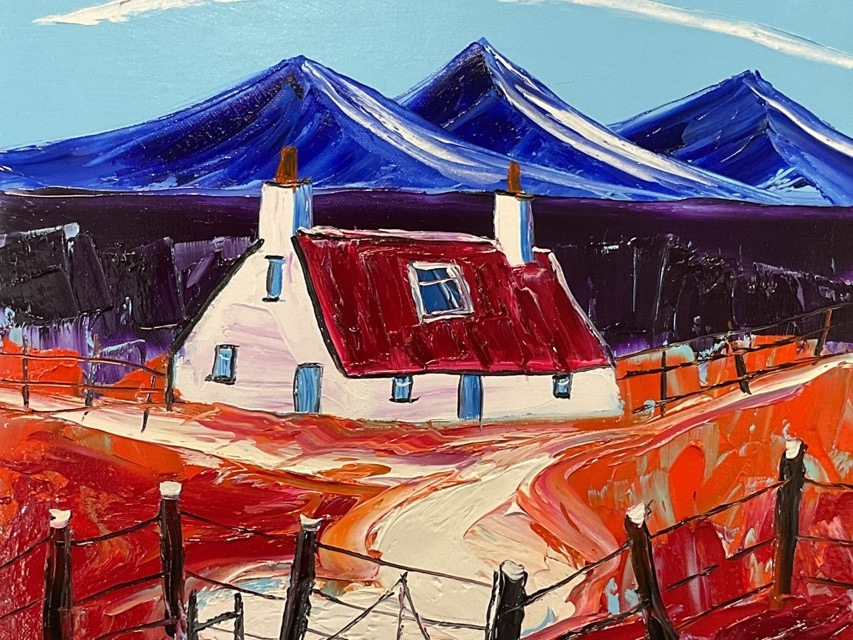 John Damari | moonlit cottage with distant mountains | MutualArt