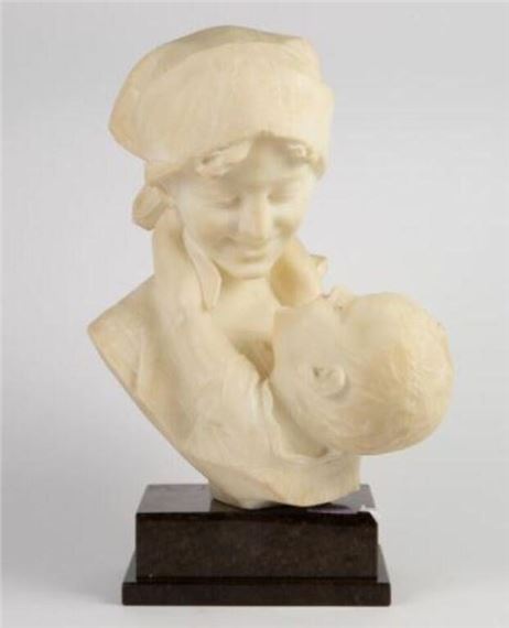 Emilio Fiaschi | Mother & Child Alabaster Bust Sculpture | MutualArt