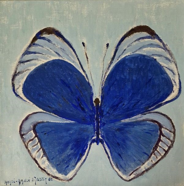 Henri André Martin | Papillon indigo et blanc sur fond bleu ciel (2000 ...