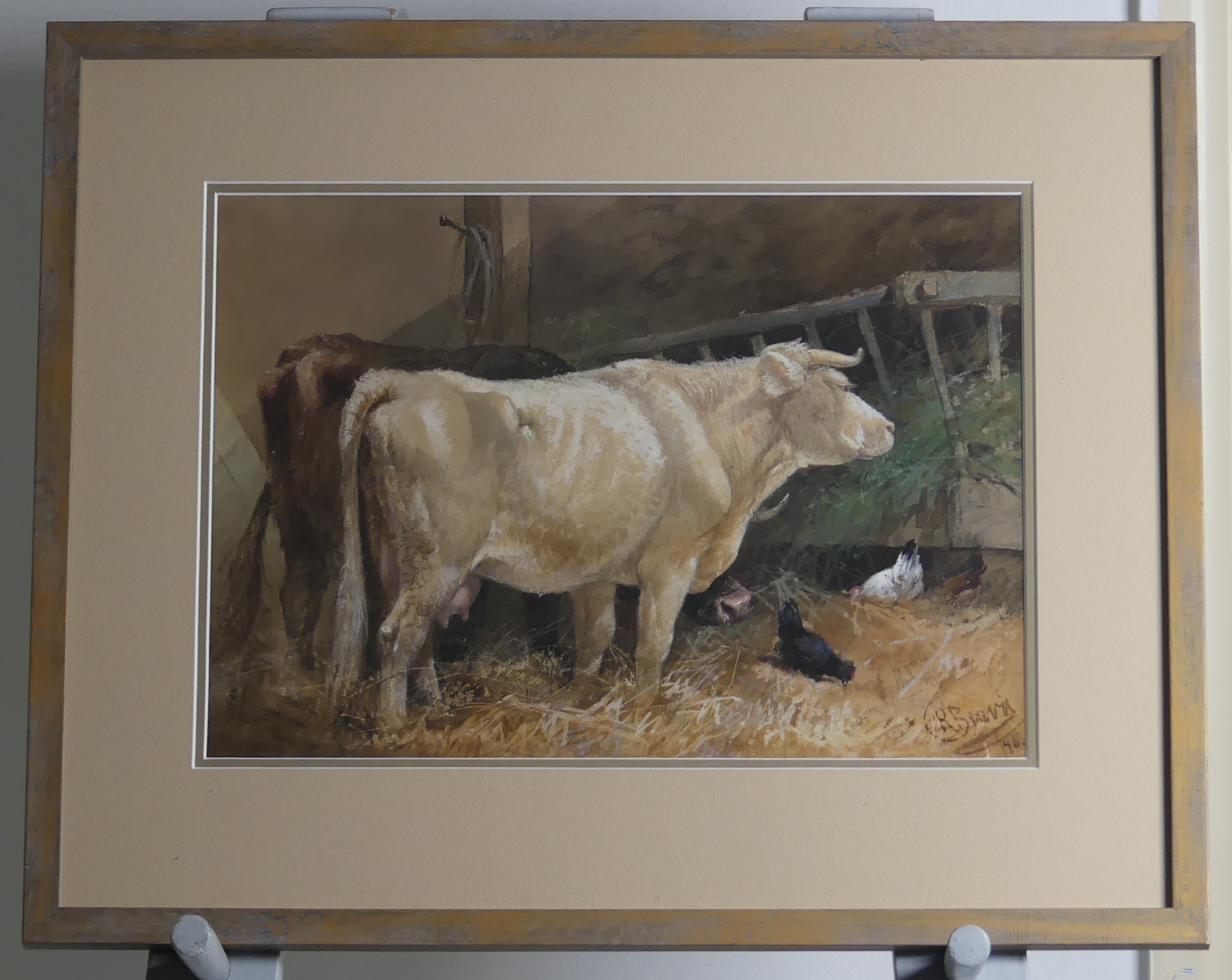 Richard Beavis | Shorthorn cattle and chickens in a barn (1875) | MutualArt