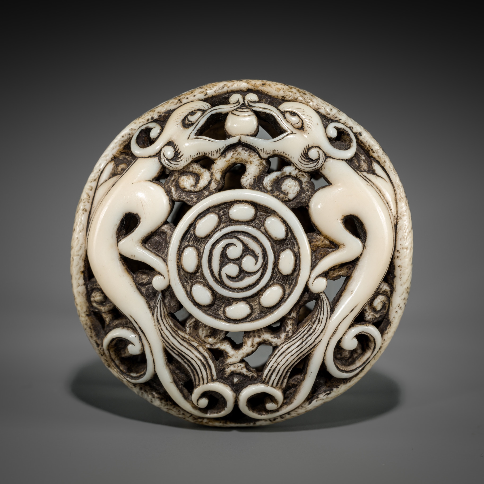 Walrus Tusk | HO: A FINE WALRUS TUSK RYUSA MANJU NETSUKE WITH DRAGONS ...