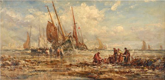 William Edward Webb | Beach scene with figures unloading and sorting ...