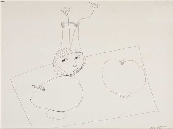 Brenda Chamberlain | ink drawing with fruit and a vase (1970) | MutualArt