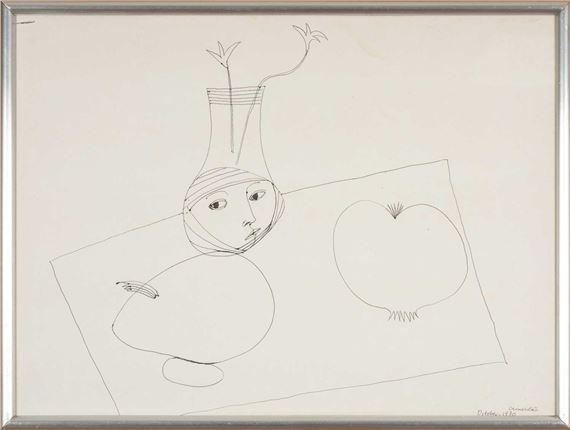 Brenda Chamberlain | ink drawing with fruit and a vase (1970) | MutualArt